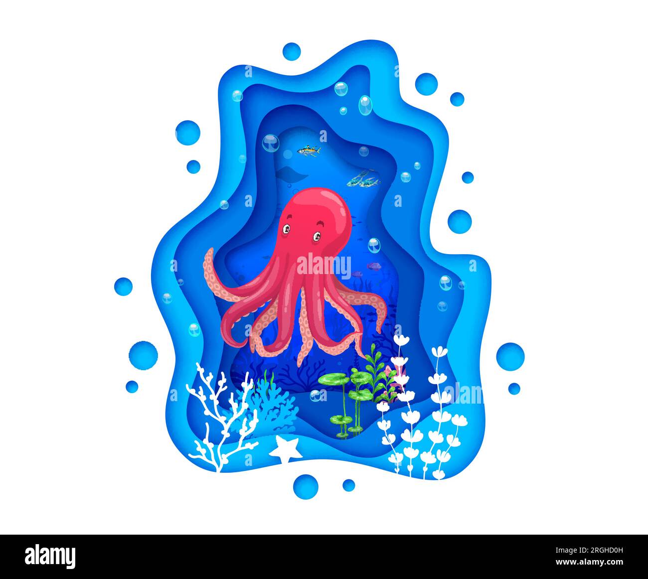 Cartoon octopus character and sea paper cut landscape with underwater ...