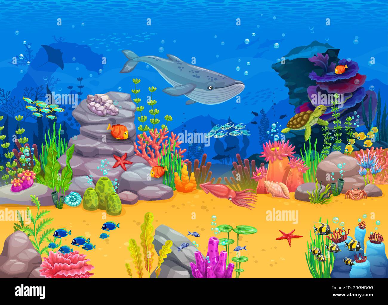 Arcade game level, cartoon underwater landscape with whale, fish ...
