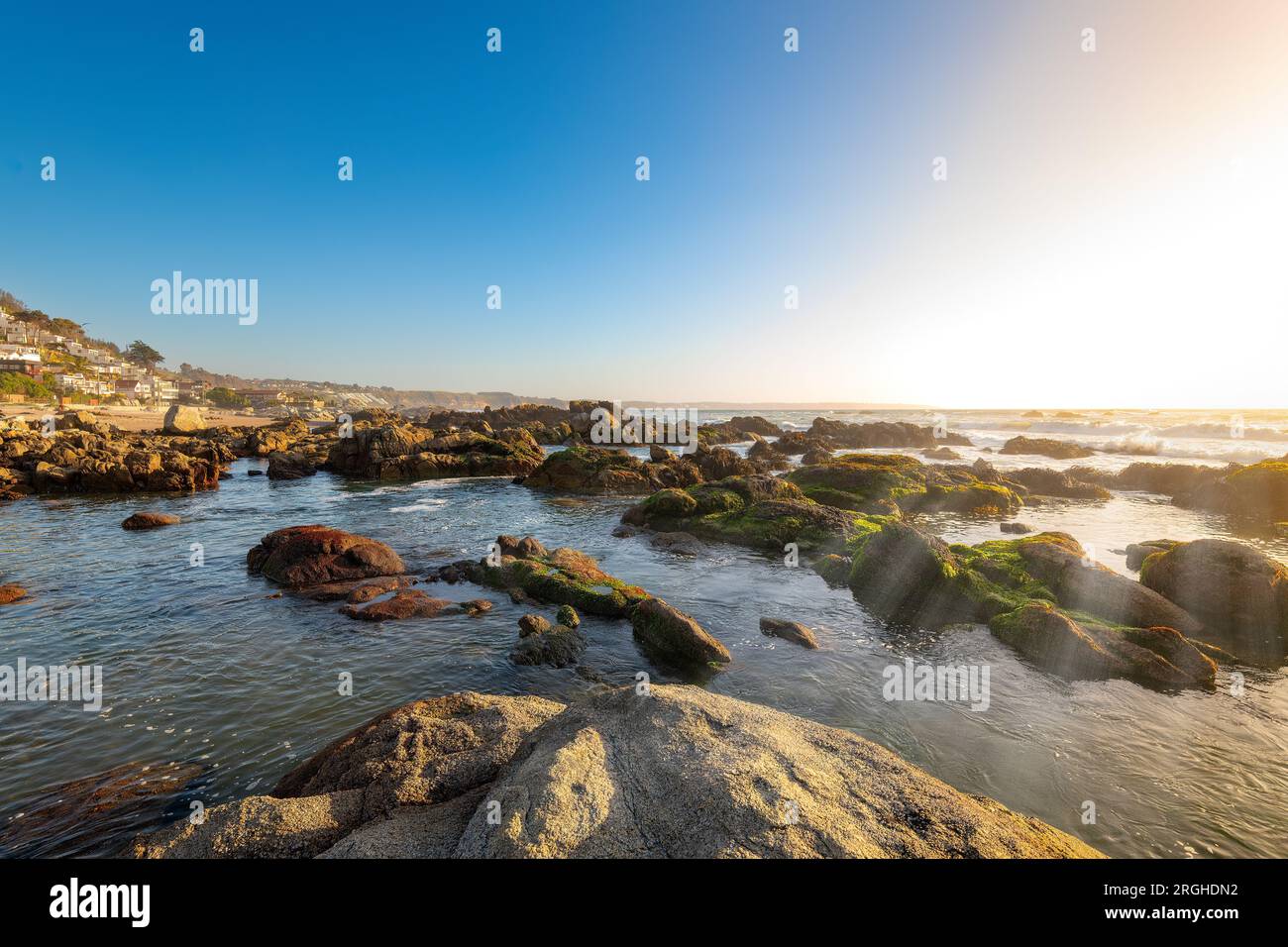 Panoramic view of the beach resort town of Maitencillo, V Region, Chile ...