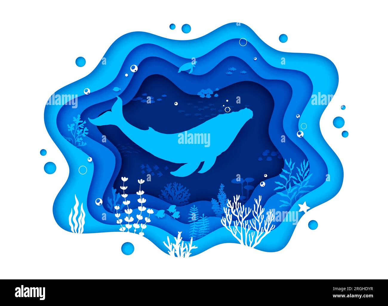Sea paper cut banner with whale silhouette and underwater landscape ...