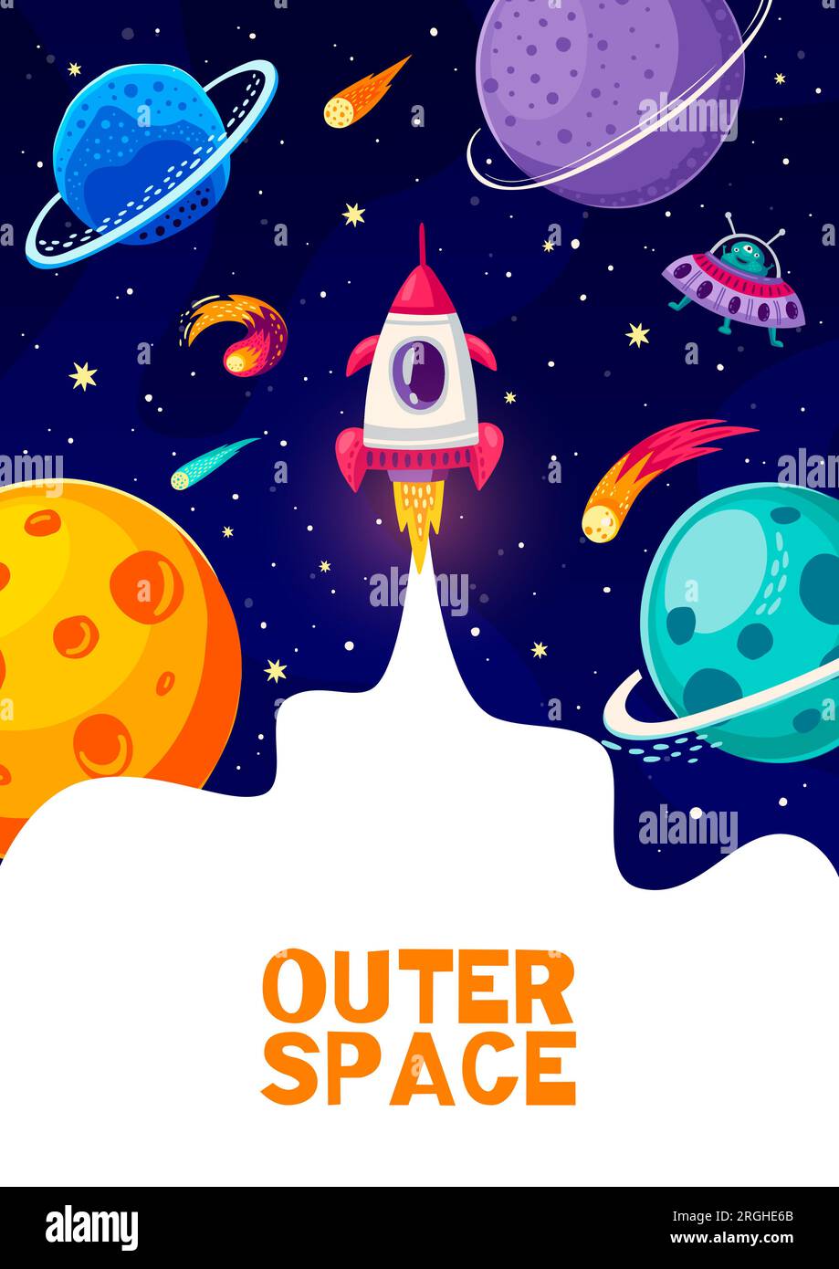 Cartoon space flyer with rocket launch to galaxy planets and alien UFO ...