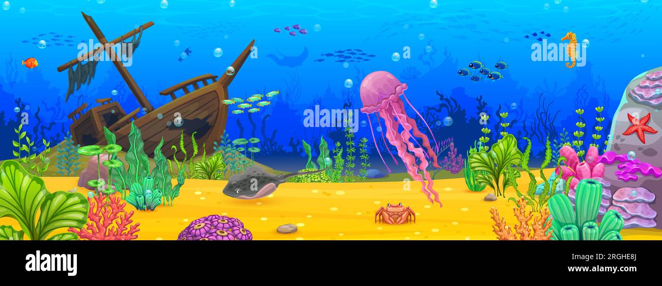 Cartoon underwater landscape with jellyfish and sunken ship on ocean ...