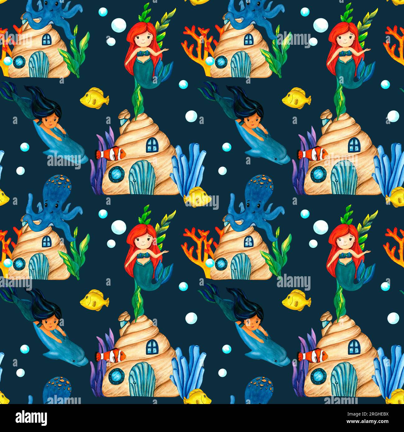 Watercolor seamless pattern shell house, cute mermaid, dolphin and blue ...