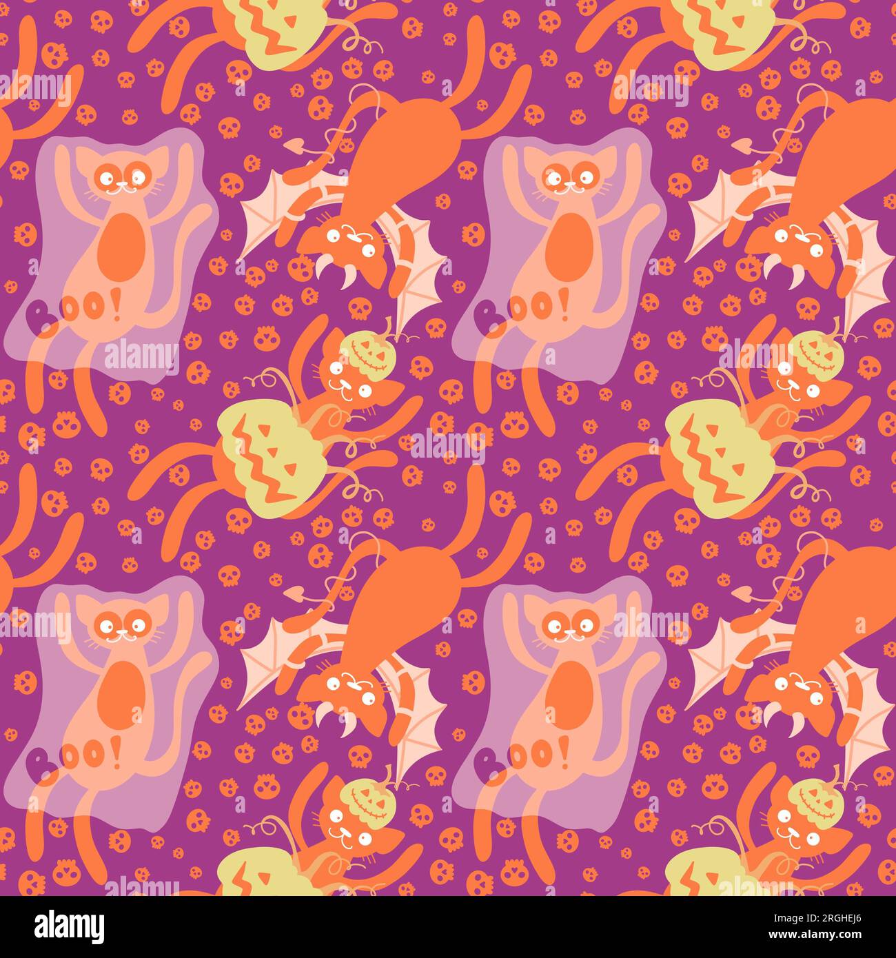 Halloween cartoon cats seamless pumpkins and ghost and monsters vampire ...