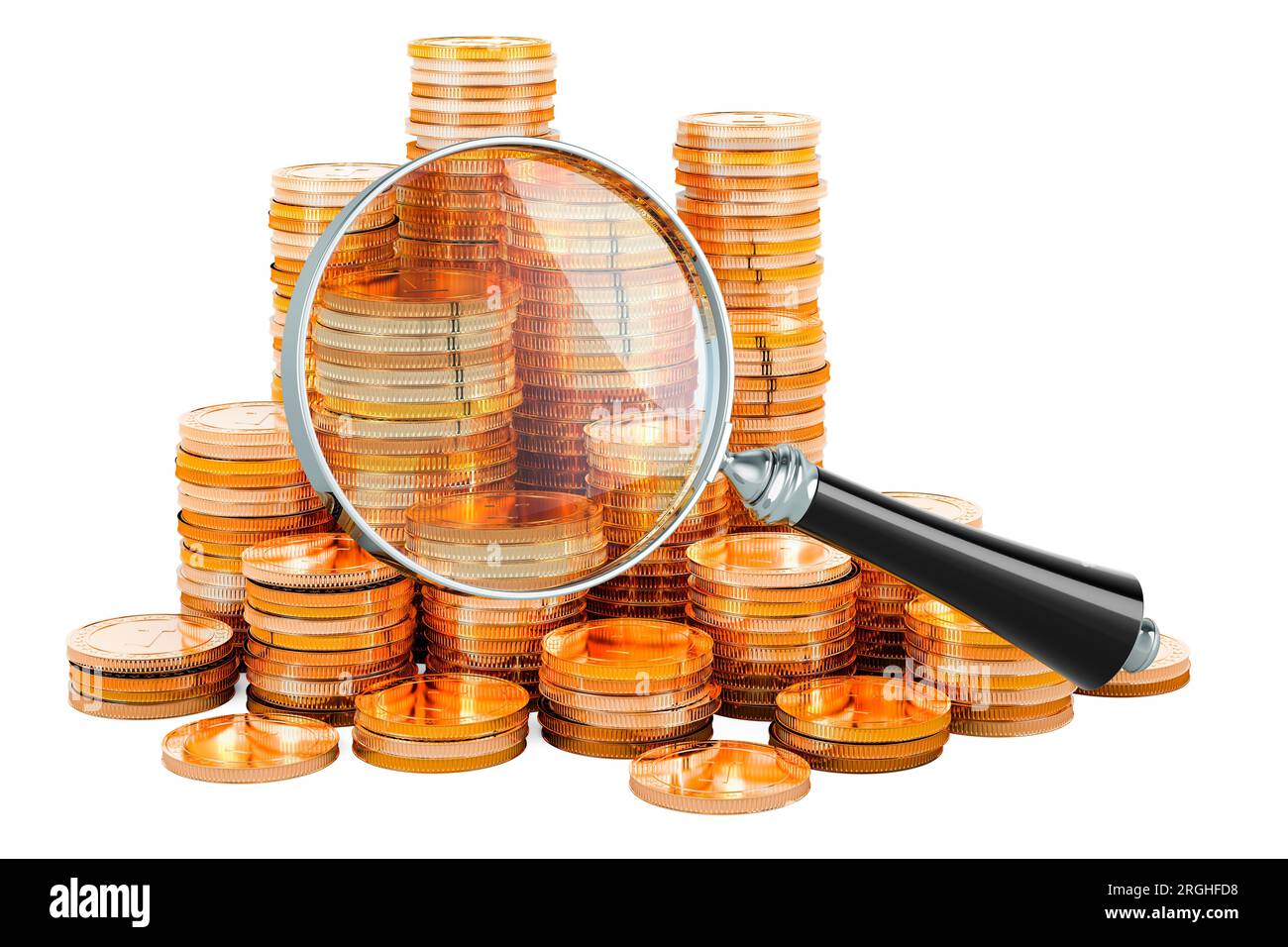 Golden coins with magnifier, 3D rendering isolated on white background ...