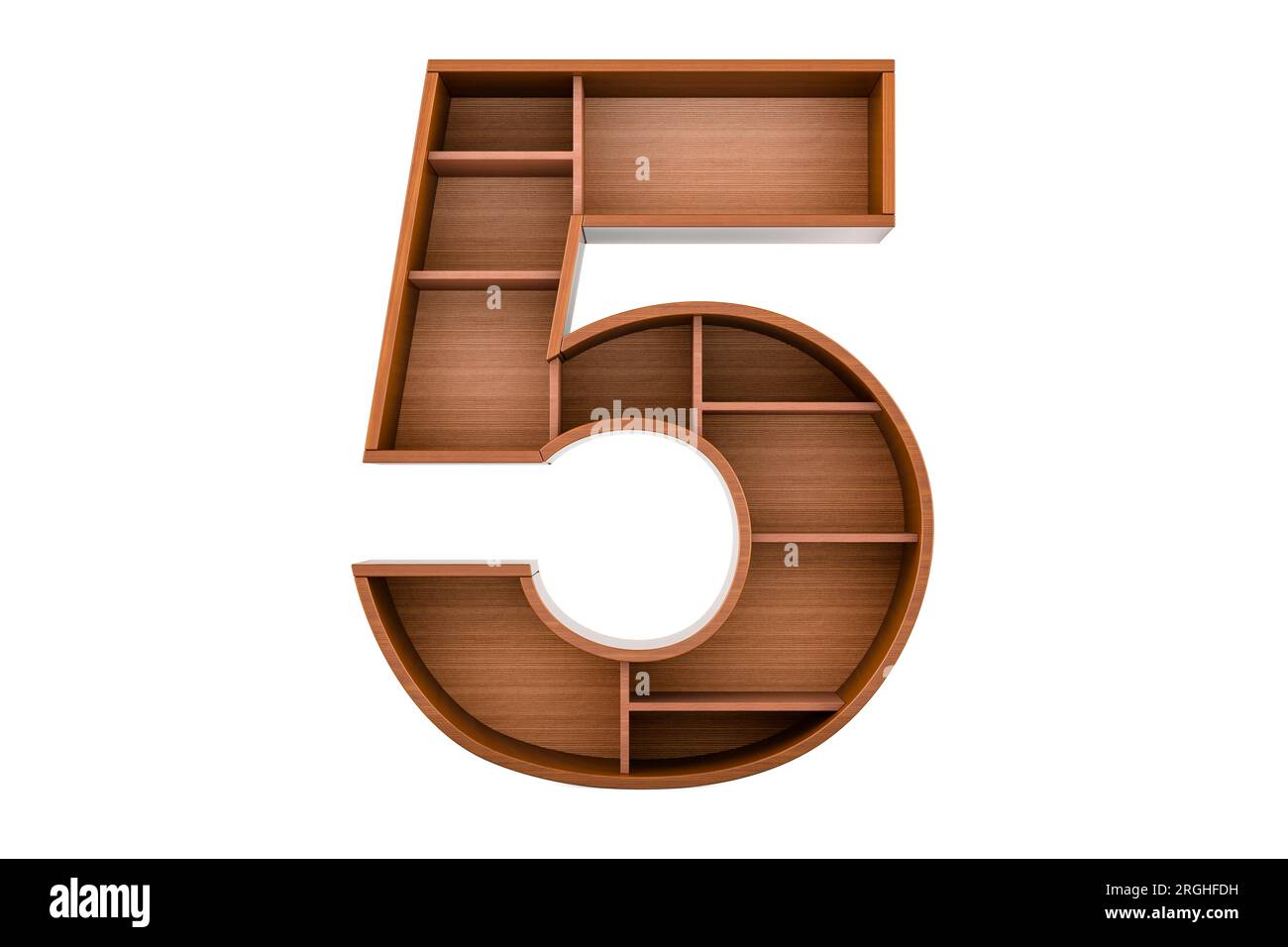 Number 5 as bookshelf without books, 3D rendering isolated on white ...