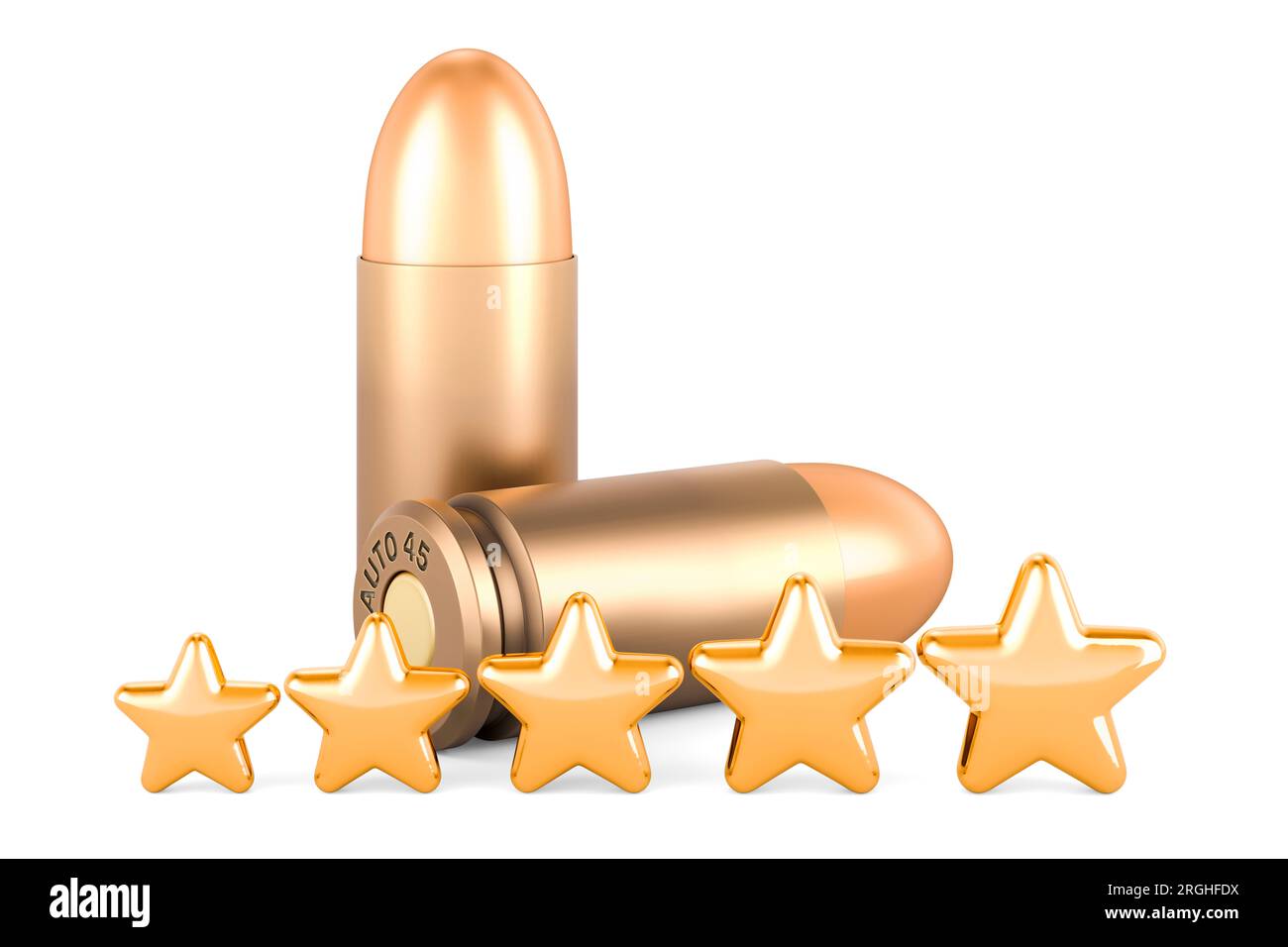 Pistol bullets with five golden stars, 3D rendering isolated on white ...