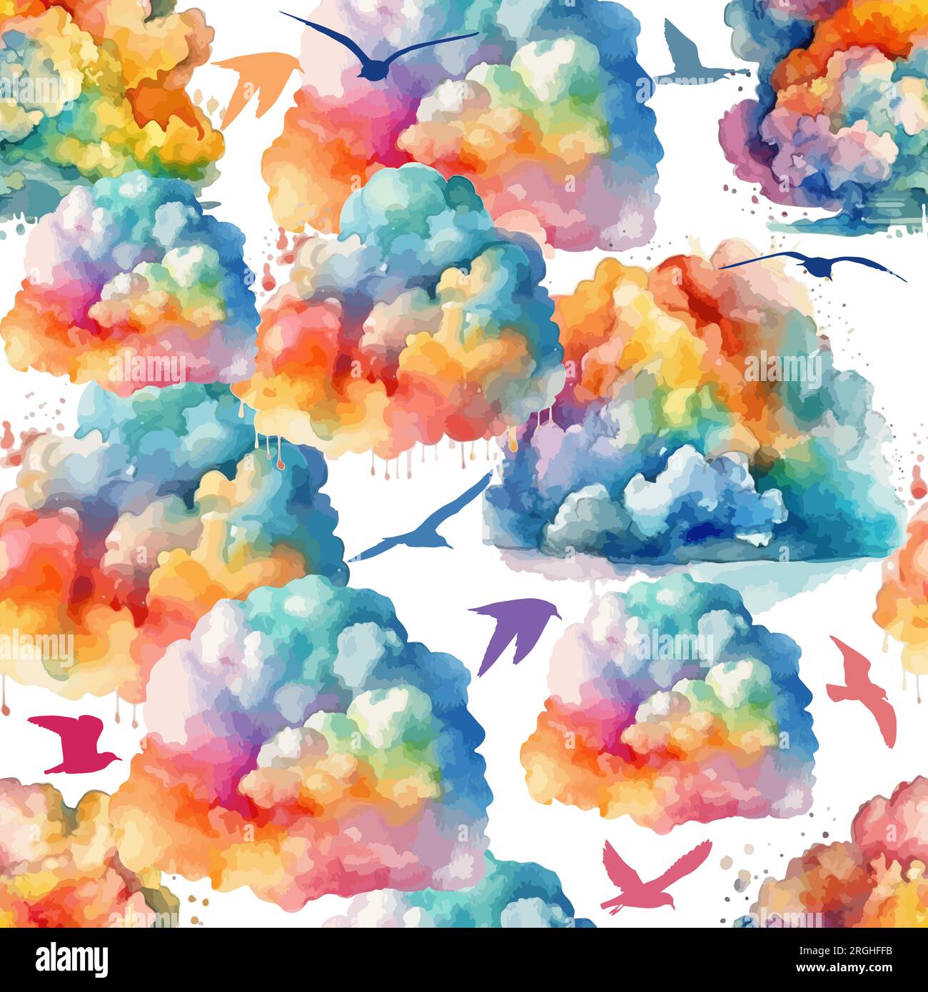 Seamless pattern of watercolor rainbow clouds with birds. Vector ...