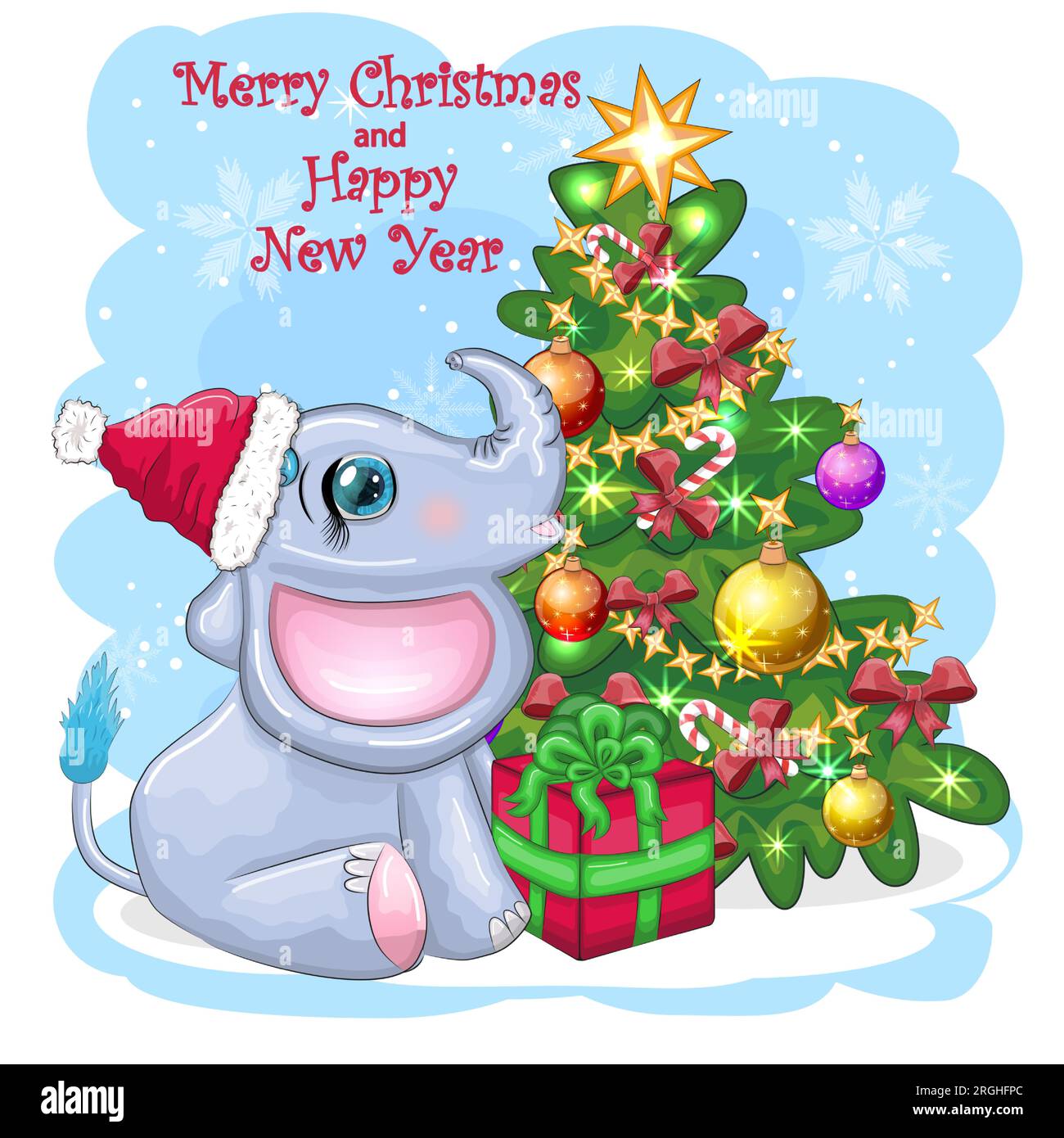 Cute cartoon elephant, childish character in santa hat with gift ...