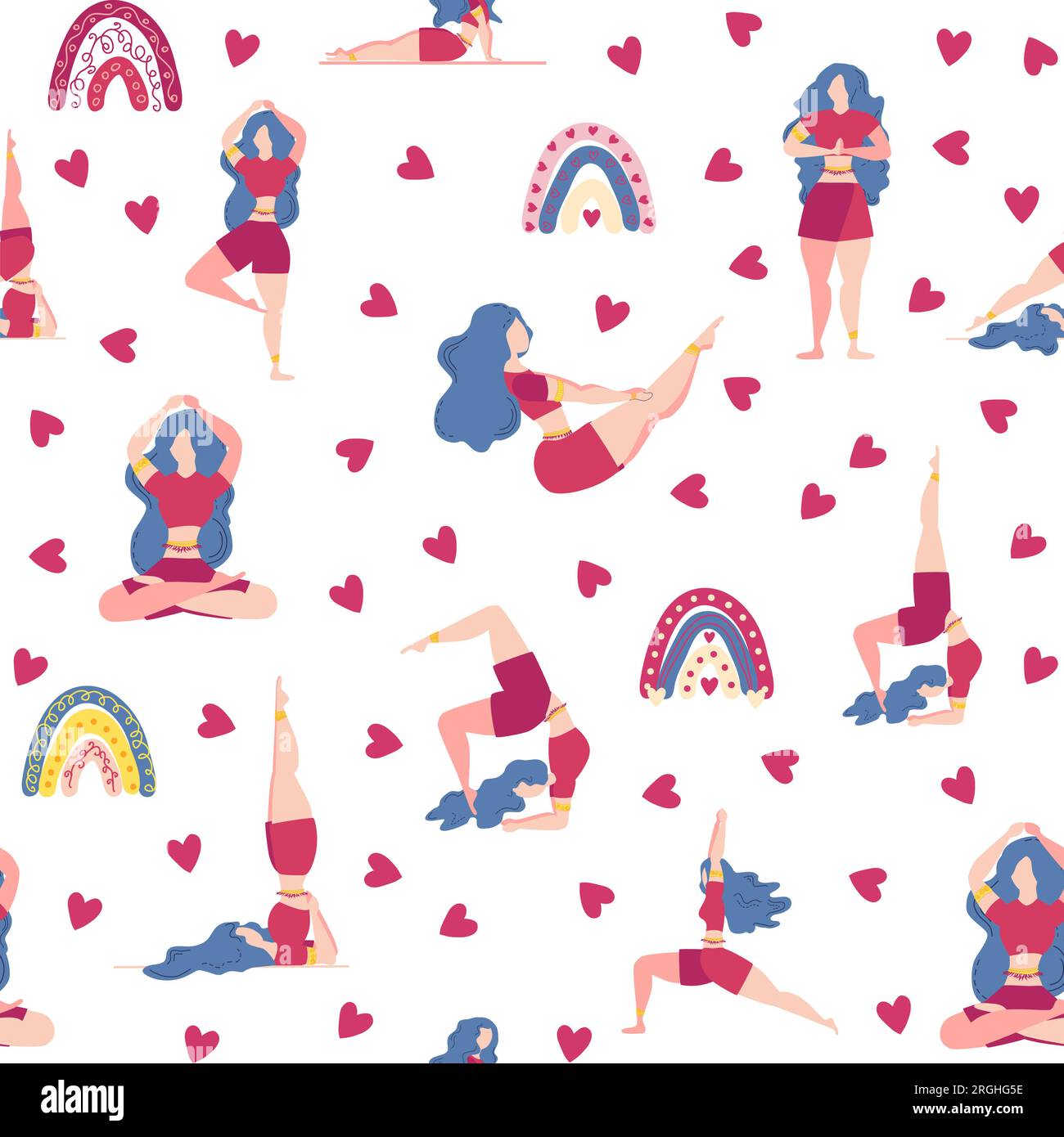 Yoga seamless pattern woman is engaged. Yoga poses, lotus, monstera ...