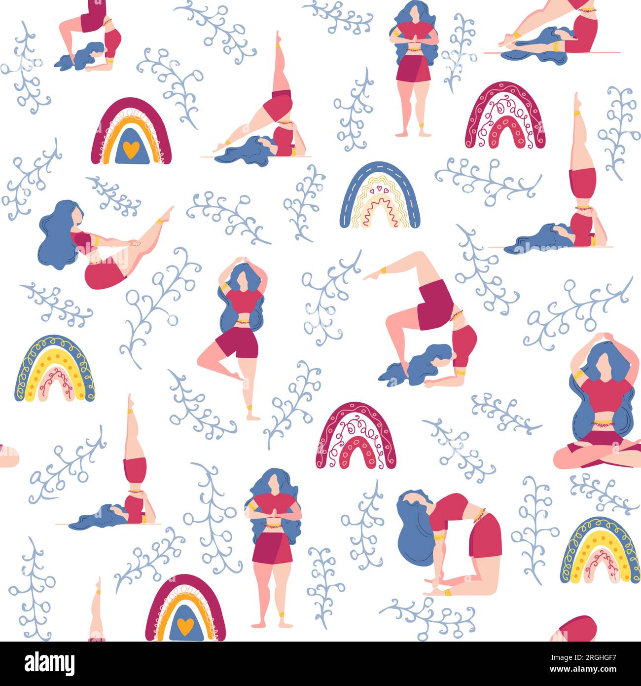 Yoga seamless pattern woman is engaged. Yoga poses, lotus, monstera ...
