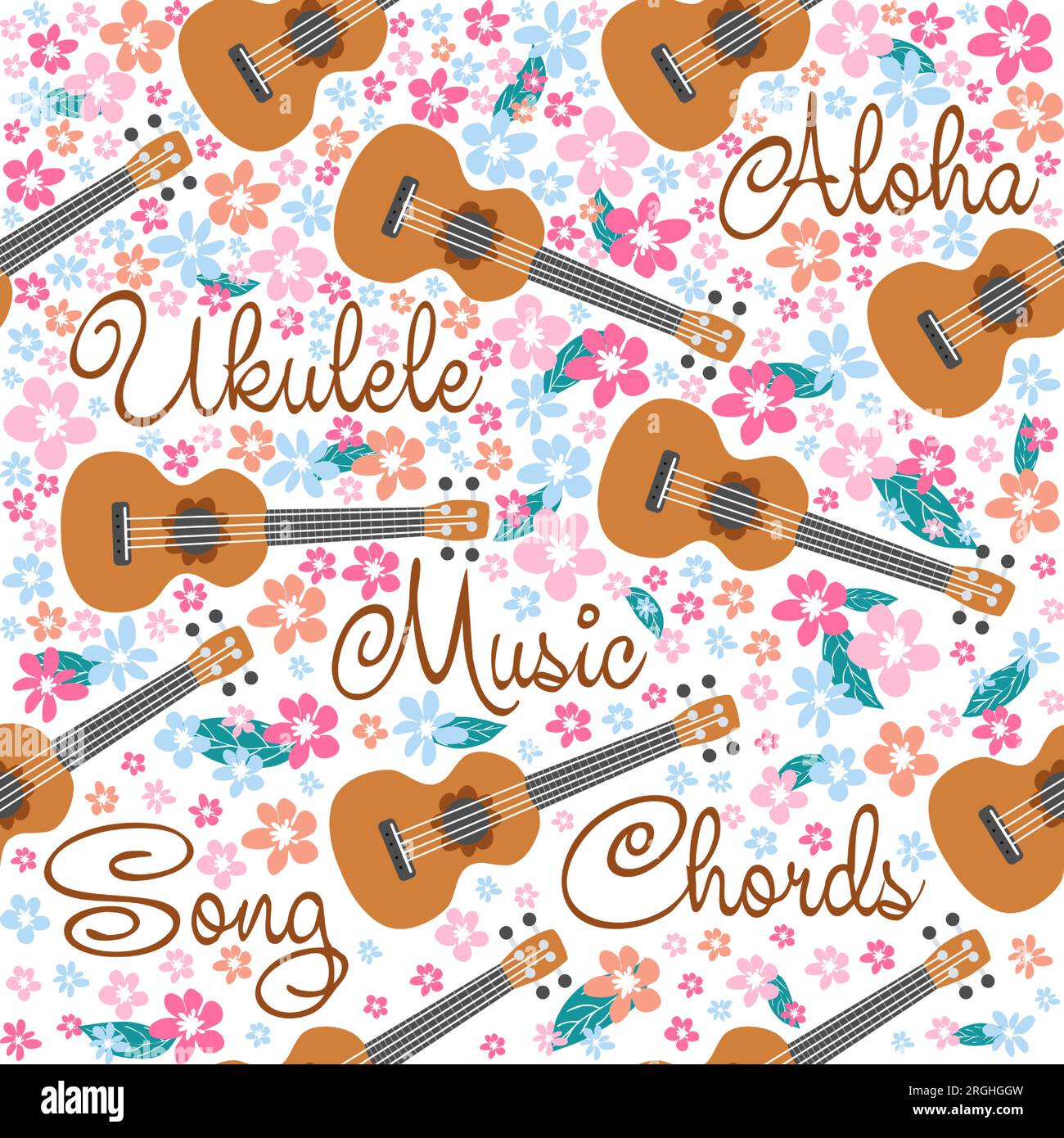 Ukulele seamless pattern, ukulele. Pattern with monstera, leaves ...