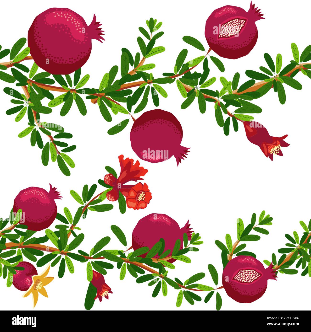 Pomegranate branches with fruits and flowers Seamless pattern. Bright ...