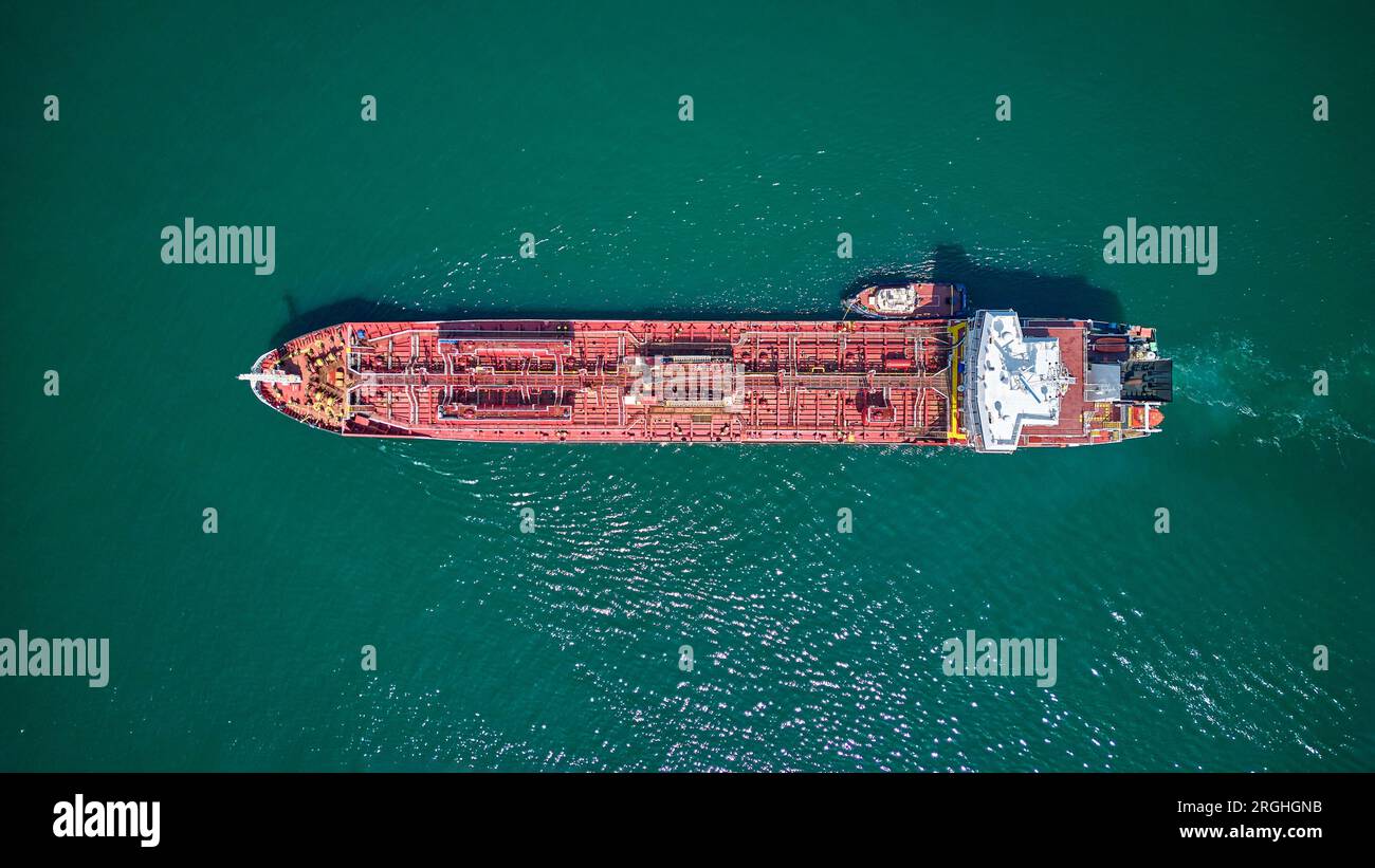 Aerial top view Oil ship tanker carier oil from refinery on the sea ...