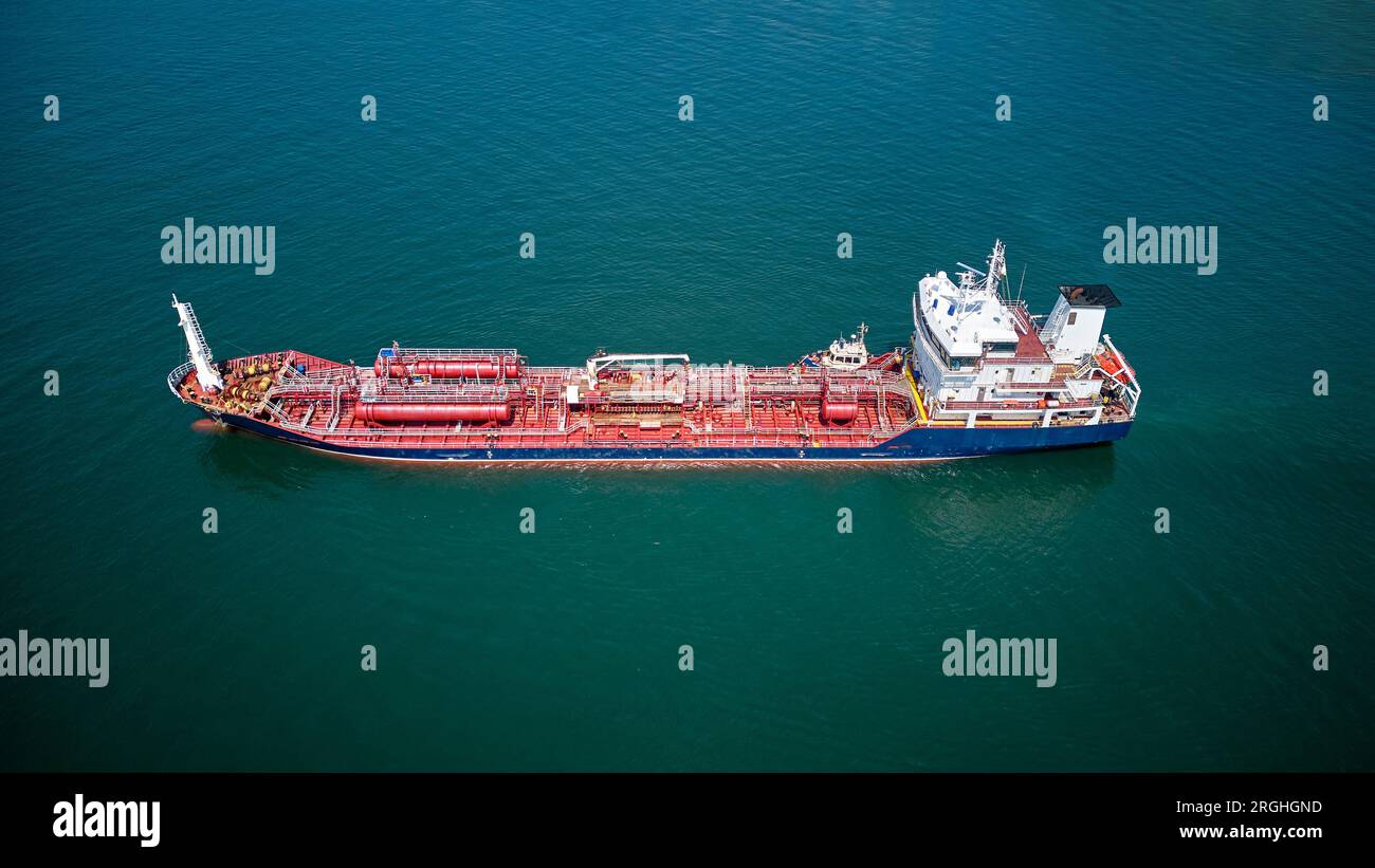 Aerial top view Oil ship tanker carier oil from refinery on the sea ...