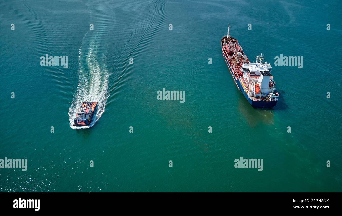 Aerial top view Oil ship tanker carier oil from refinery on the sea ...