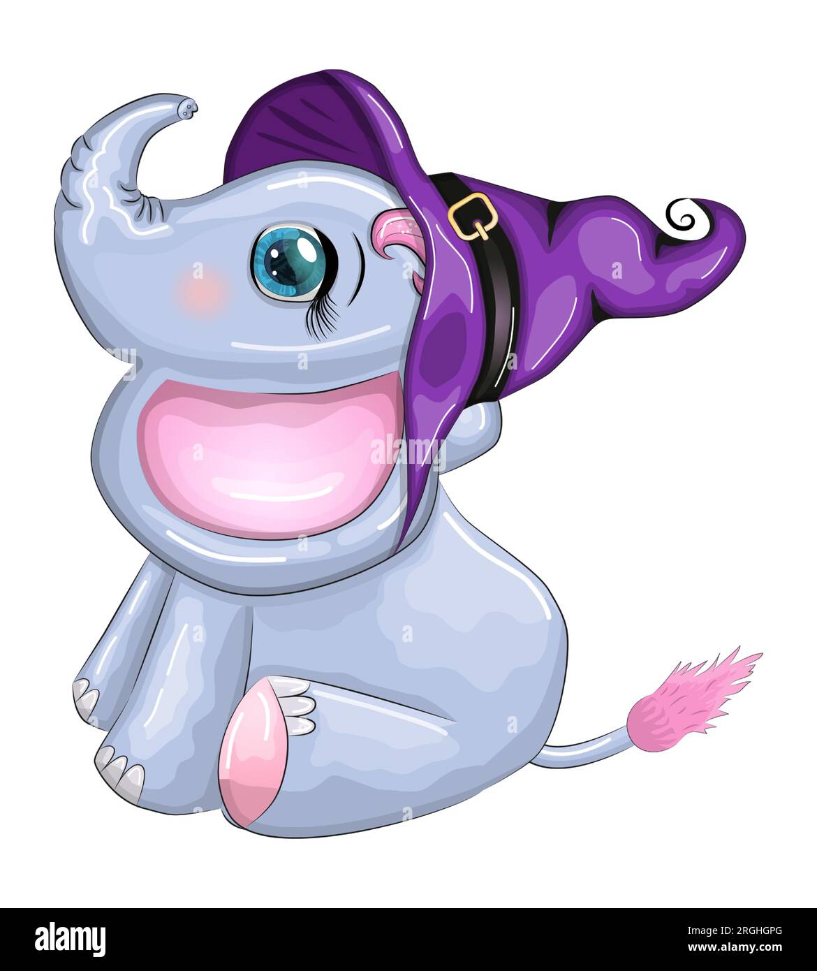 Cute cartoon elephant, childish character in wizard hat with pumpkin, potion or broom, halloween ...