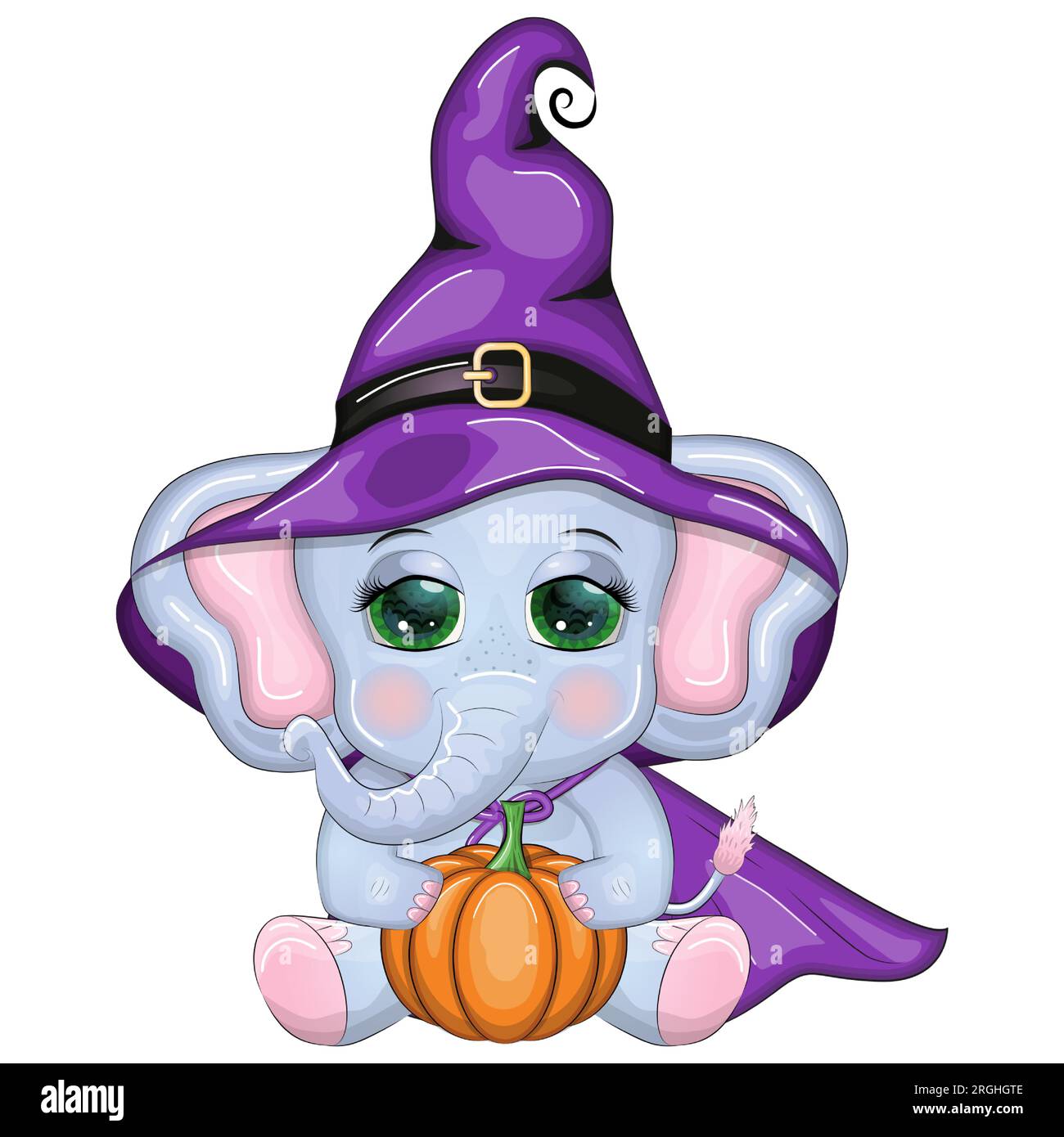 Cute cartoon elephant, childish character in wizard hat with pumpkin, potion or broom, halloween ...