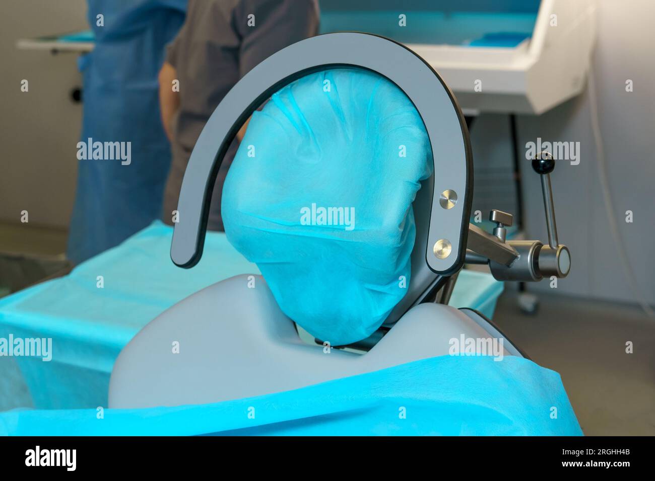 Ophthalmic laser system in eye surgery clinic. Close up couch in ...