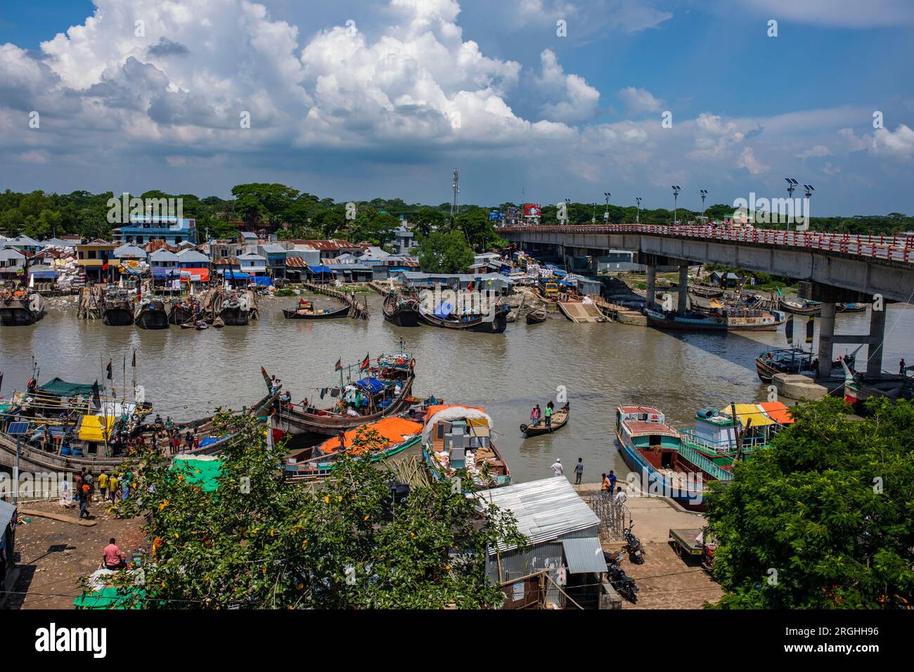 Aerial view of the Alipur fish landing station on the bank of Shibbaria ...