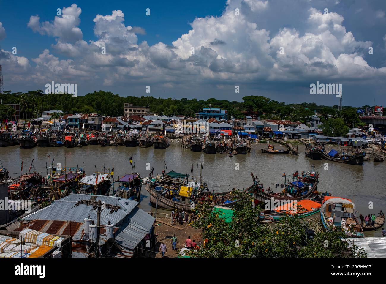 Aerial view of the Alipur fish landing station on the bank of Shibbaria ...
