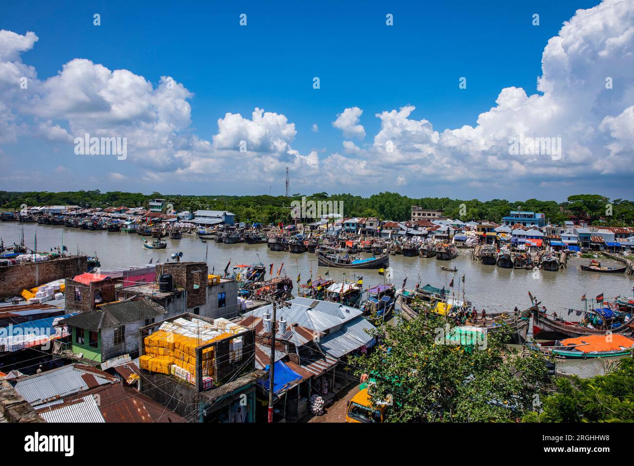 Aerial view of the Alipur fish landing station on the bank of Shibbaria River. It is the biggest ...