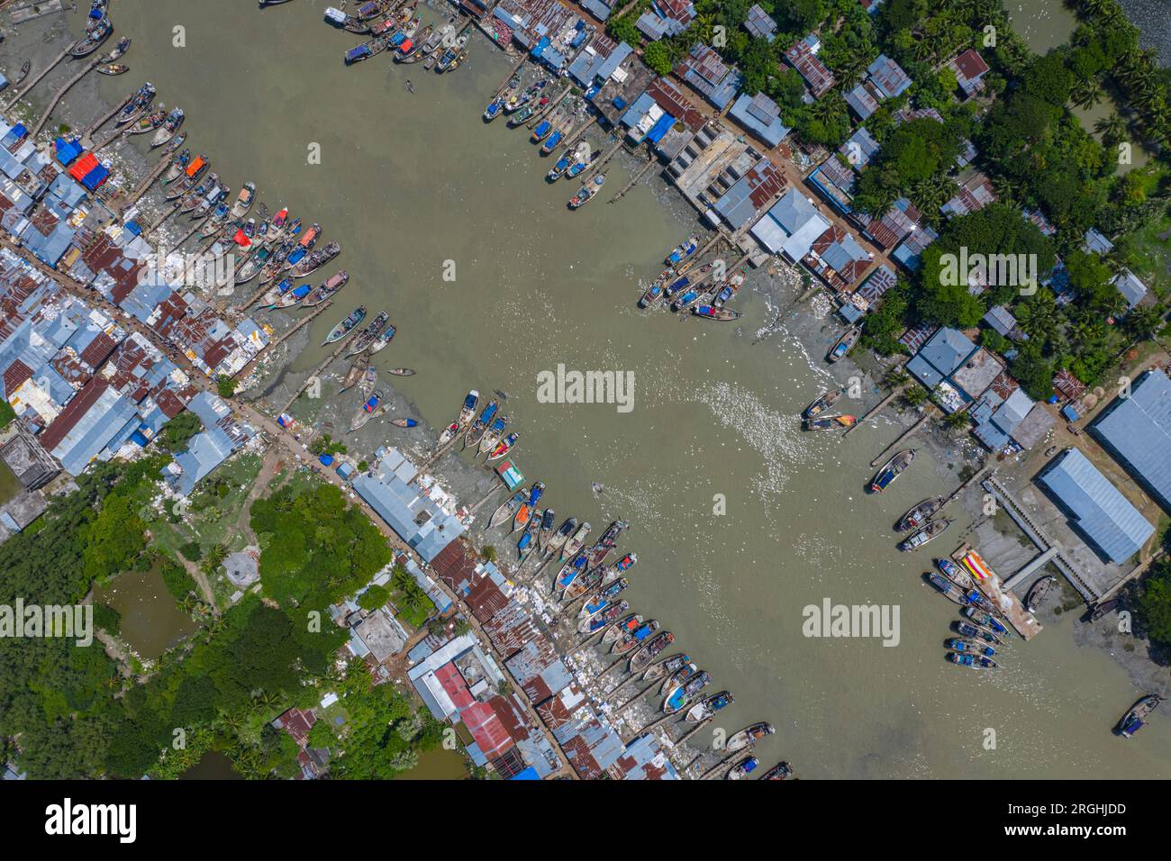 Aerial view of the Alipur fish landing station on the bank of Shibbaria ...