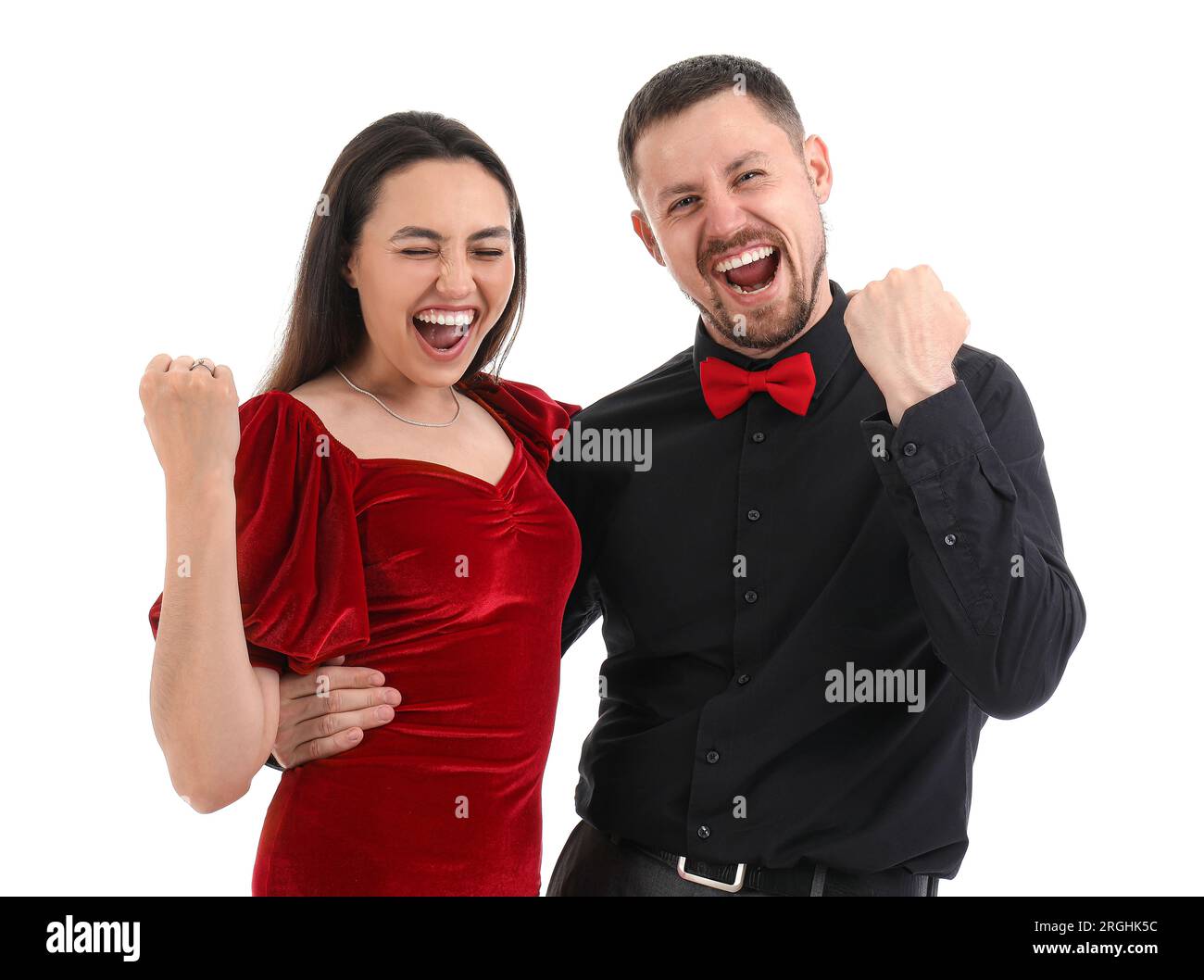 Happy engaged couple on white background Stock Photo - Alamy