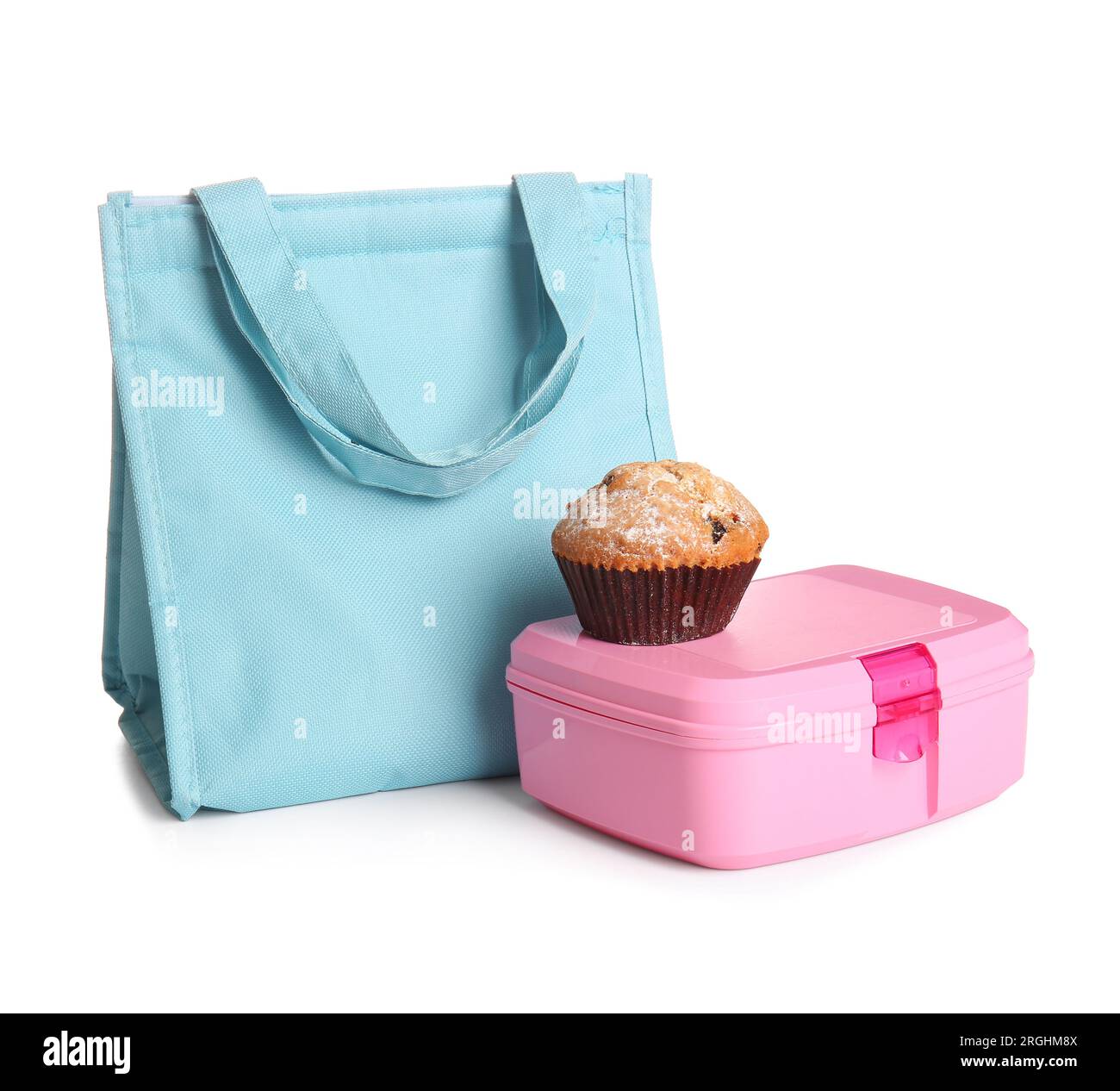 Lunch bag with lunchbox and cupcake isolated on white background Stock ...