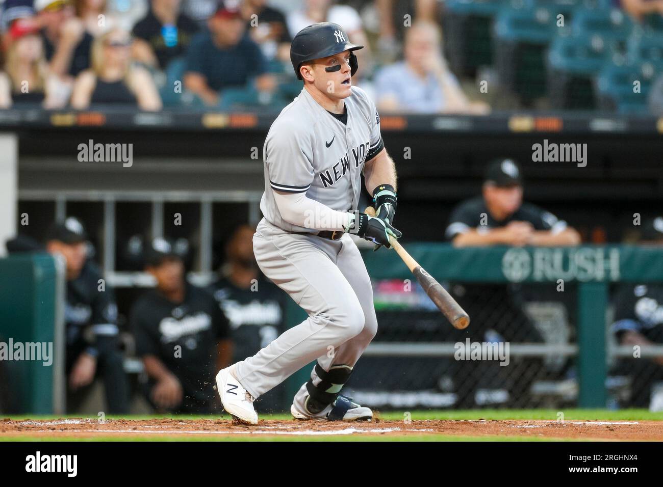 New York Yankees center fielder Harrison Bader (22) hits a single in ...