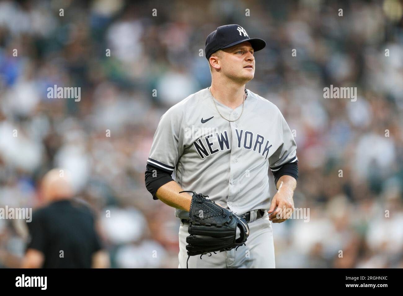 New York Yankees starting pitcher Clarke Schmidt (36) reacts after the first inning during a MLB ...
