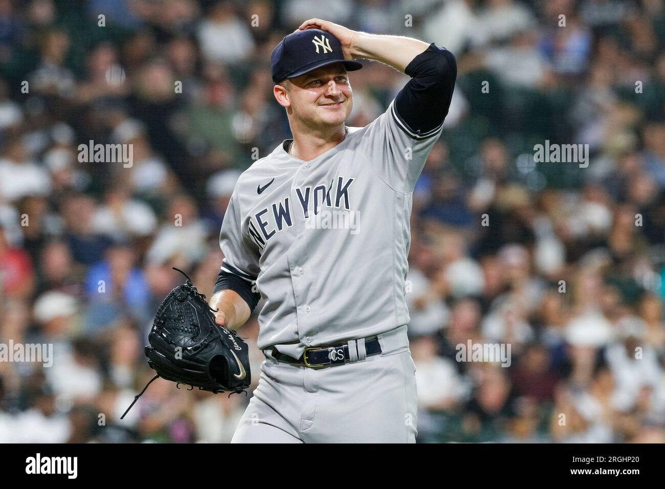 New York Yankees starting pitcher Clarke Schmidt (36) reacts during a MLB regular season game ...
