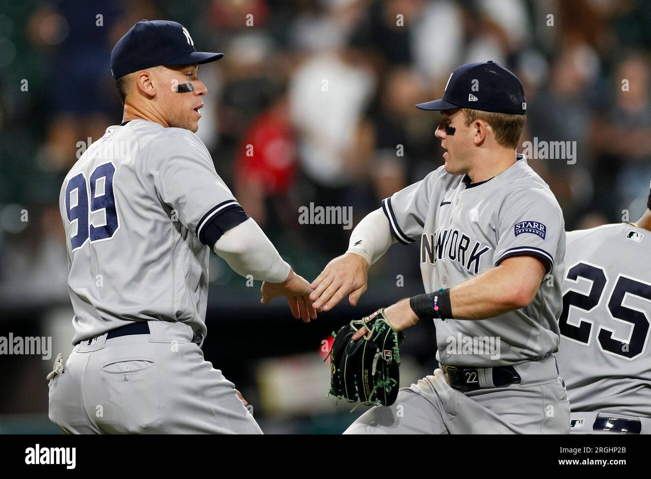 New York Yankees right fielder Aaron Judge (99) celebrates a team ... New York Yankees right fielder Aaron Judge (99) celebrates a team ...