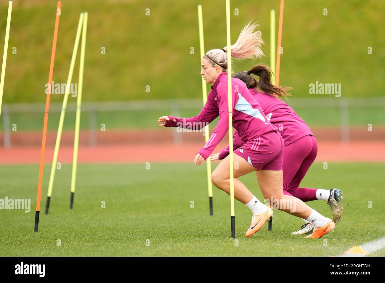 Spain's Alexia Putellas, left, warms up during a training session ahead ...