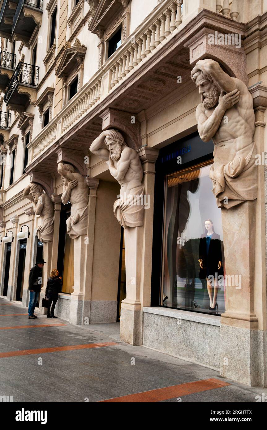 Atlas sculptural columns on the Grand Palace in Italian speaking Lugano ...
