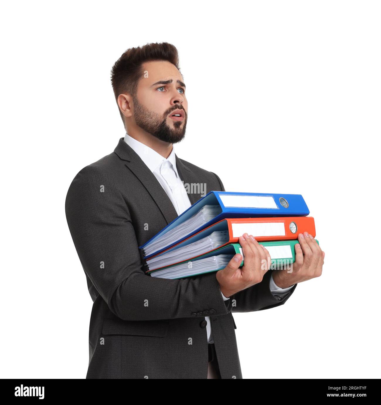 Stressful man with folders on white background Stock Photo - Alamy