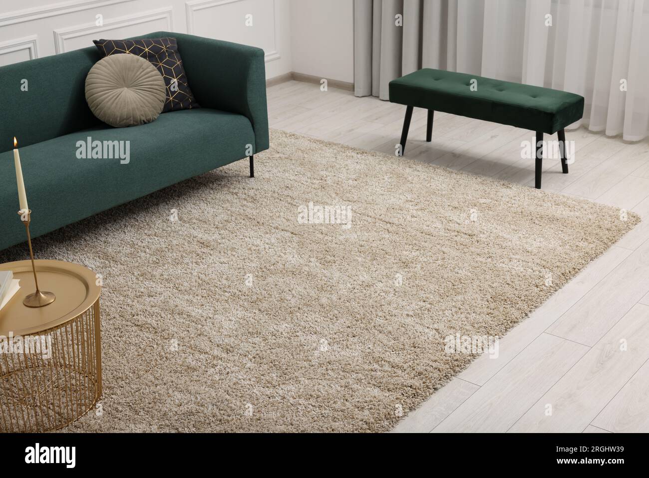 Stylish living room with soft beige carpet, coffee table and sofa ...