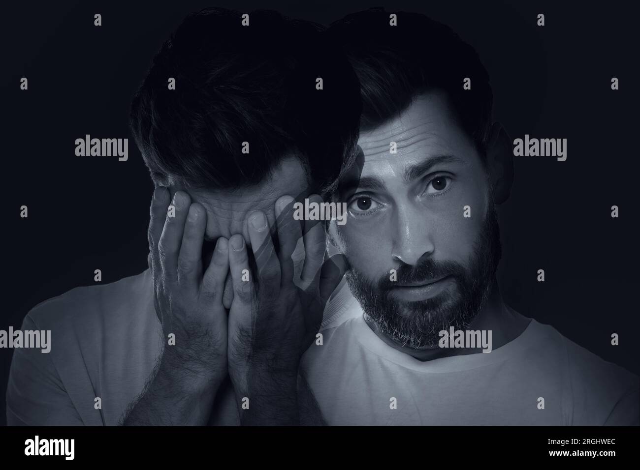 Suffering from hallucinations. Double exposure with photos of man on ...