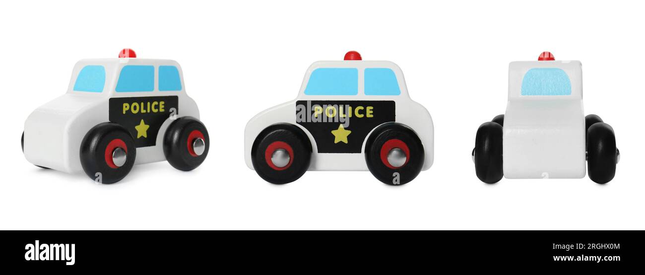 Police car isolated on white, different angles. Collage design with ...