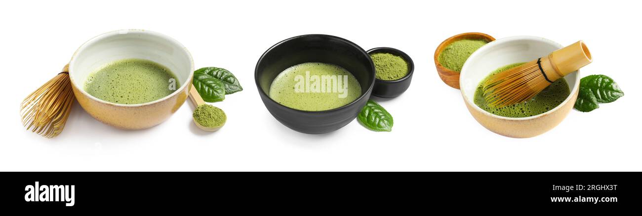 Set of green matcha tea in bowls on white background Stock Photo - Alamy