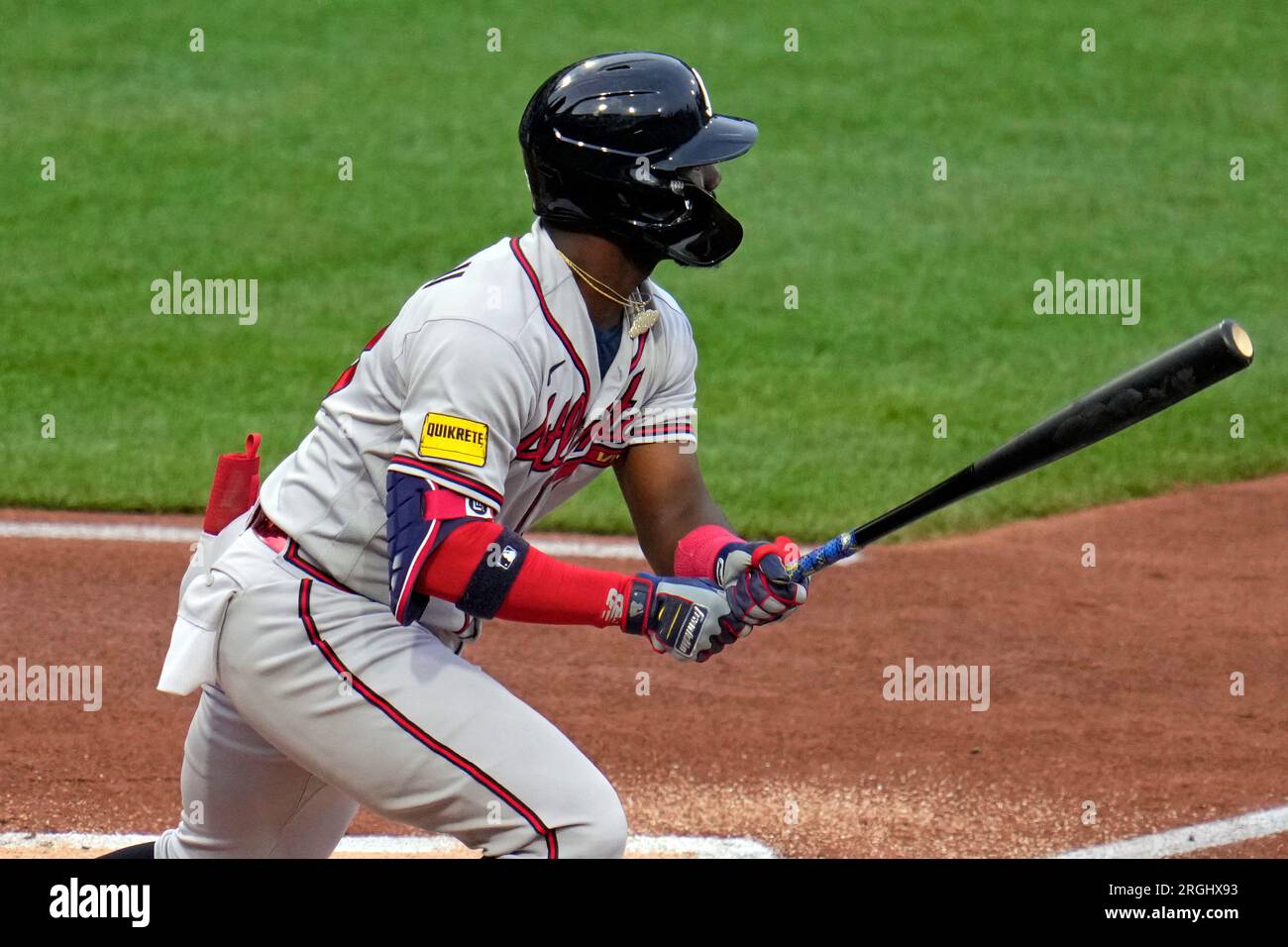 Atlanta Braves' Michael Harris II watches his RBI single off Pittsburgh ...