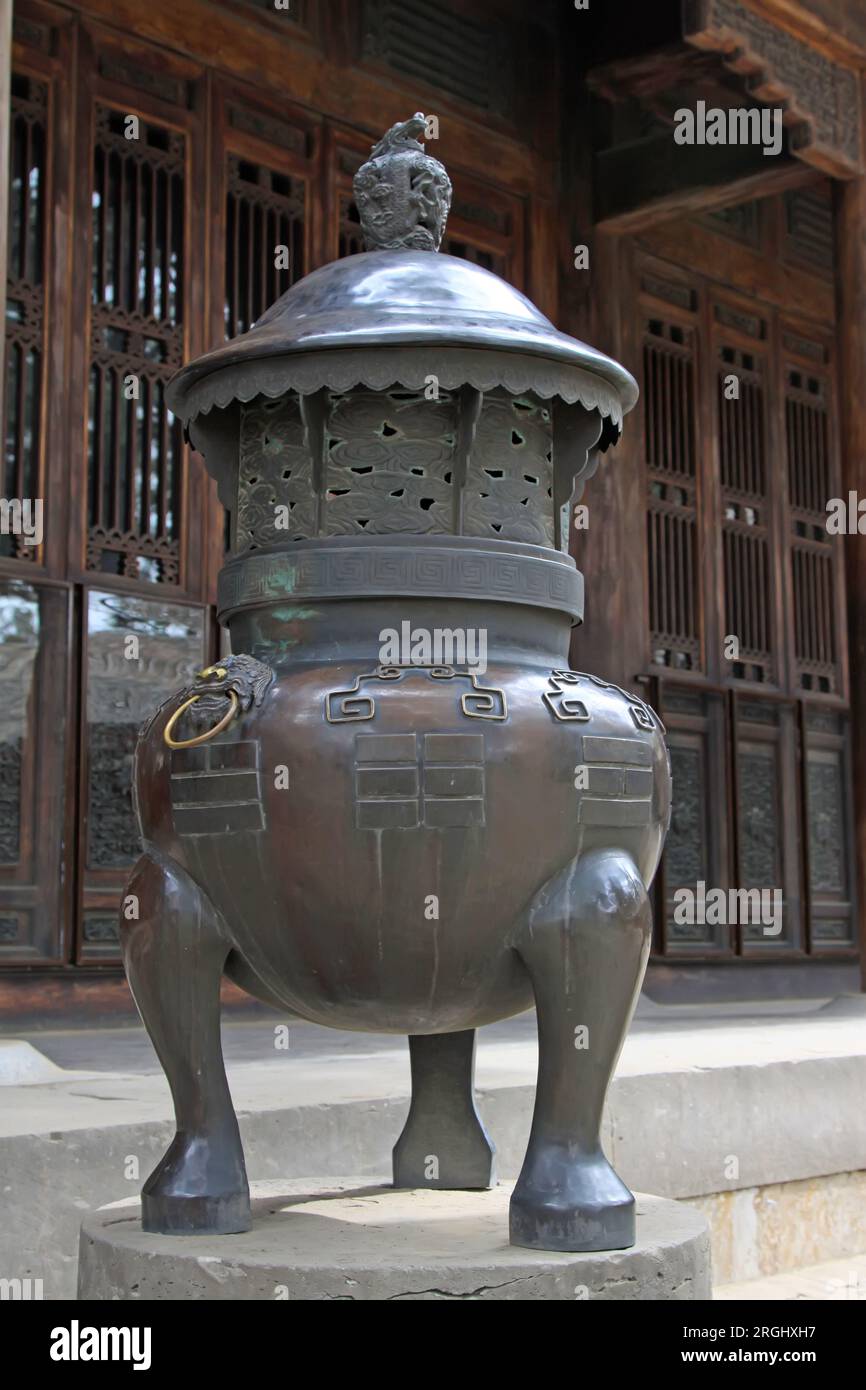 copper censer, ancient Chinese religious artifacts in a park, north ...