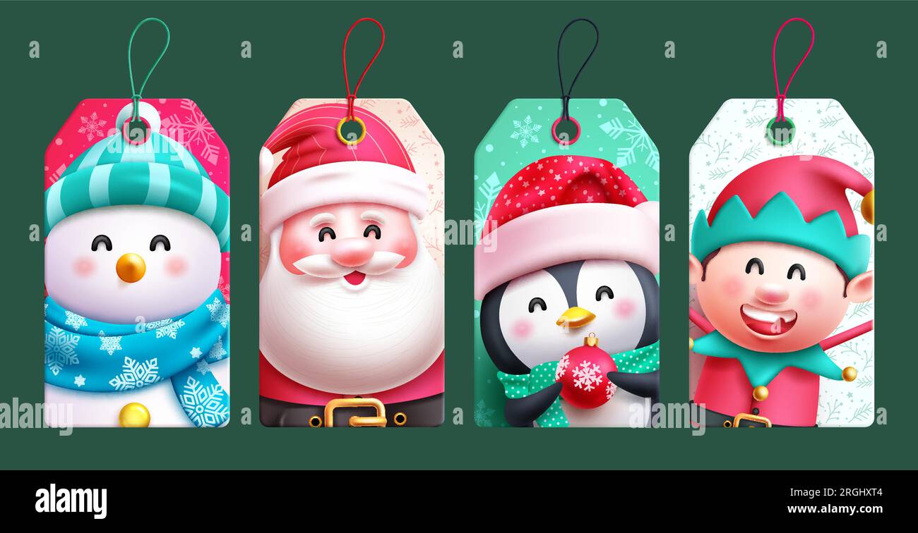 Christmas characters tags vector set design. Characters tag and sticker ...