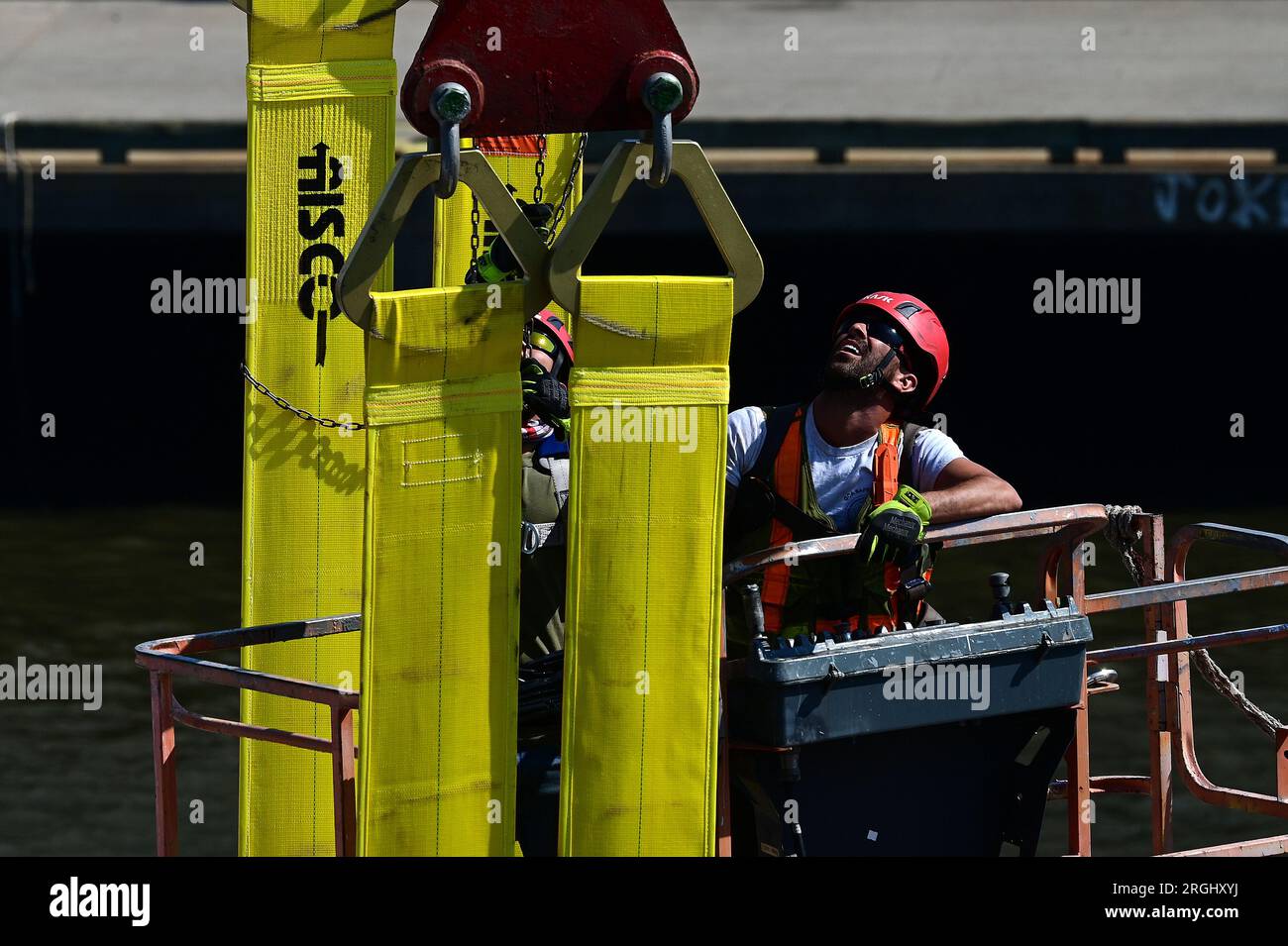 New York, USA. 09th Aug, 2023. Workers prepare to move the British ...