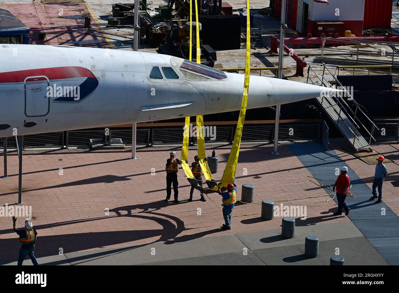 New York, USA. 09th Aug, 2023. Workers prepare to move the British ...