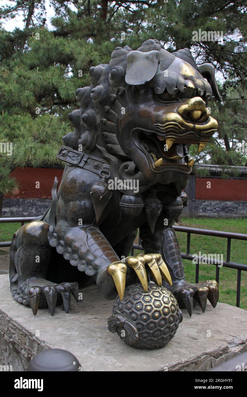 Copper lion works in the Chinese traditional garden, north china Stock ...