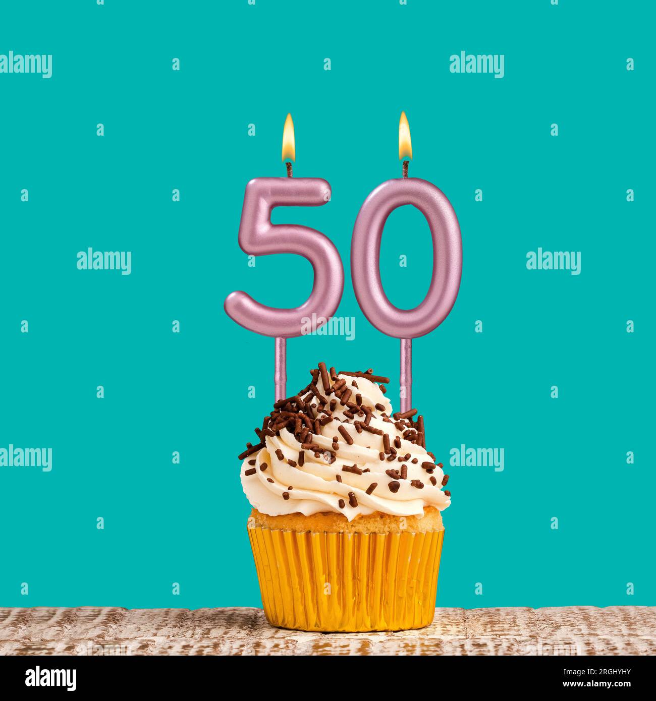 Birthday card with number 50 candle on aquamarine background Stock ...