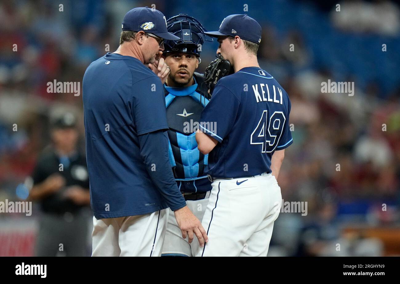 Tampa Bay Rays pitching coach Kyle Snyder, left, and catcher Rene Pinto ...
