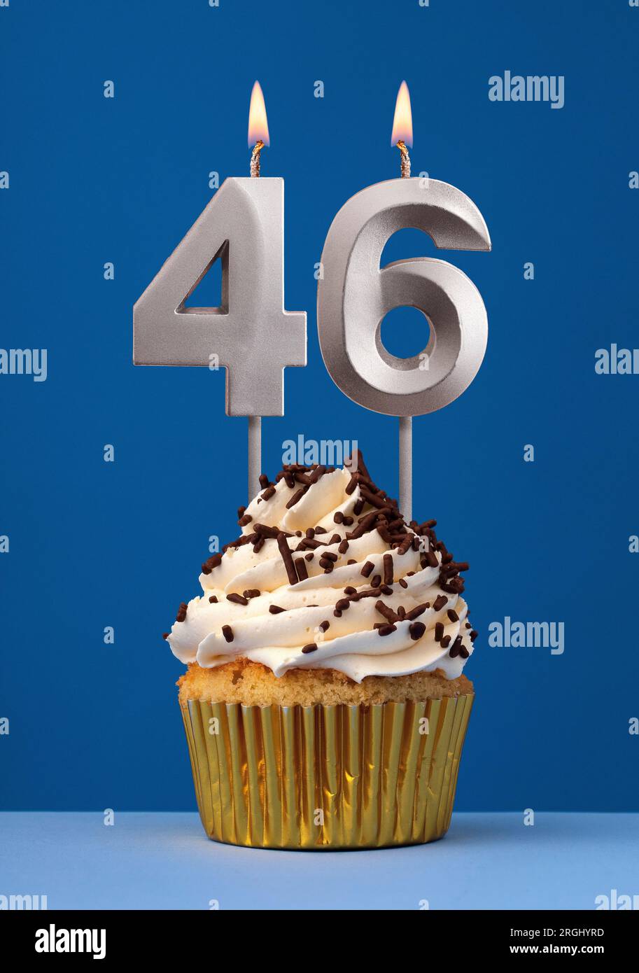 Horizontal birthday card with cake - Lit candle number 46 on blue ...