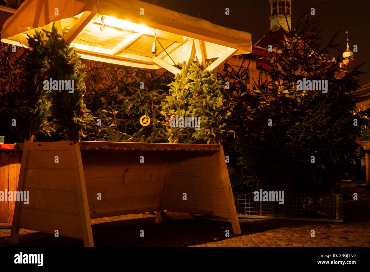 Holiday Decorated and illuminated street at night in Gdansk Poland ...